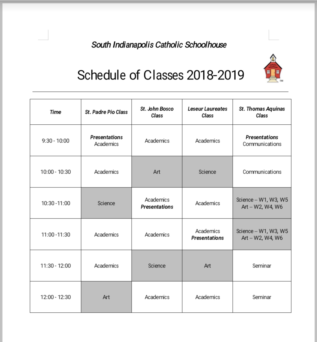 Class Schedule - South Indianapolis - Catholic Schoolhouse